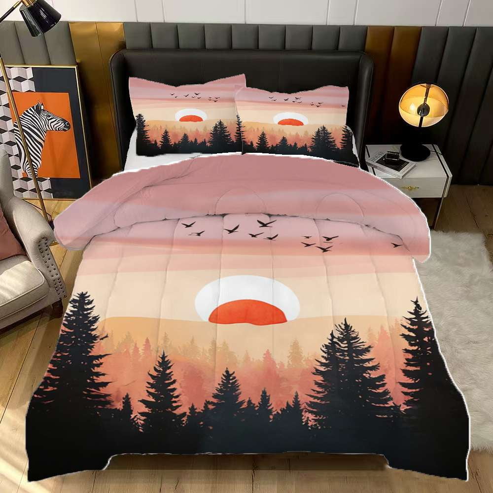 Sunset Forest Silhouette Comforter Set Full Size Bedding Set For Travl ...