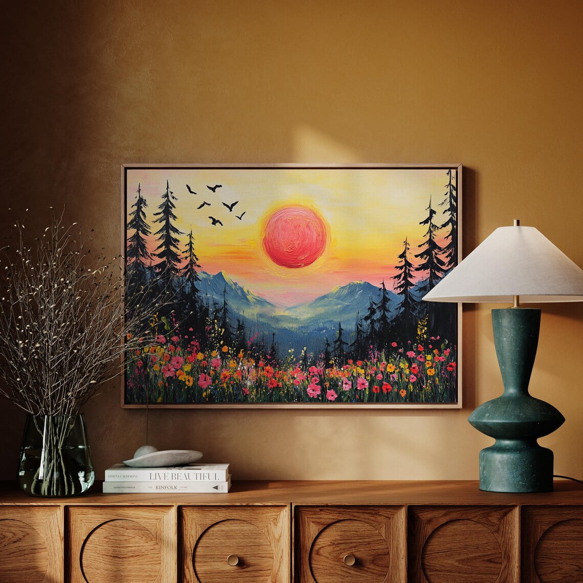 Sunset Forest Wildflower Wall Art - Vibrant Nature Landscape With Fiery Sun And Blooming Meadow ...