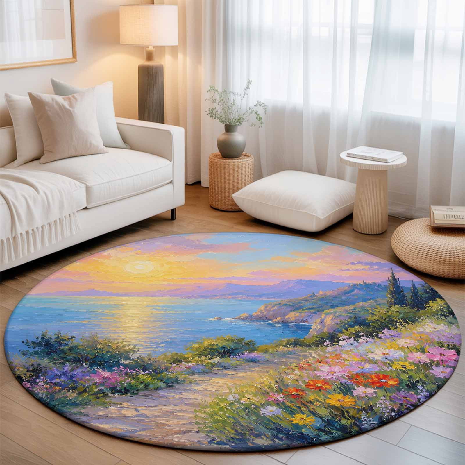 Sunset Glow Round Living Room Rugs 6 ft, Summer Yellow Pink Sunset ...