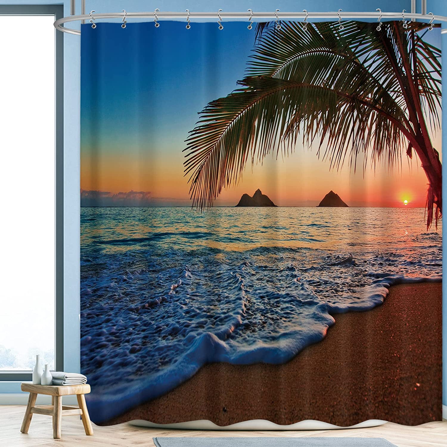Sunset Hawaiian Shower Curtain Beach Tropical Palm Tree Ocean Sunrise ...