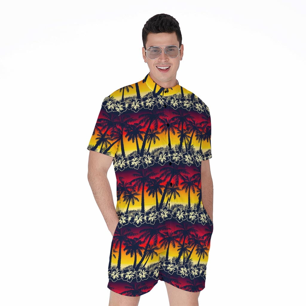 Sunset Hibiscus Palm Tree Pattern Short Sleeve Men'S Rompers, Aloha ...