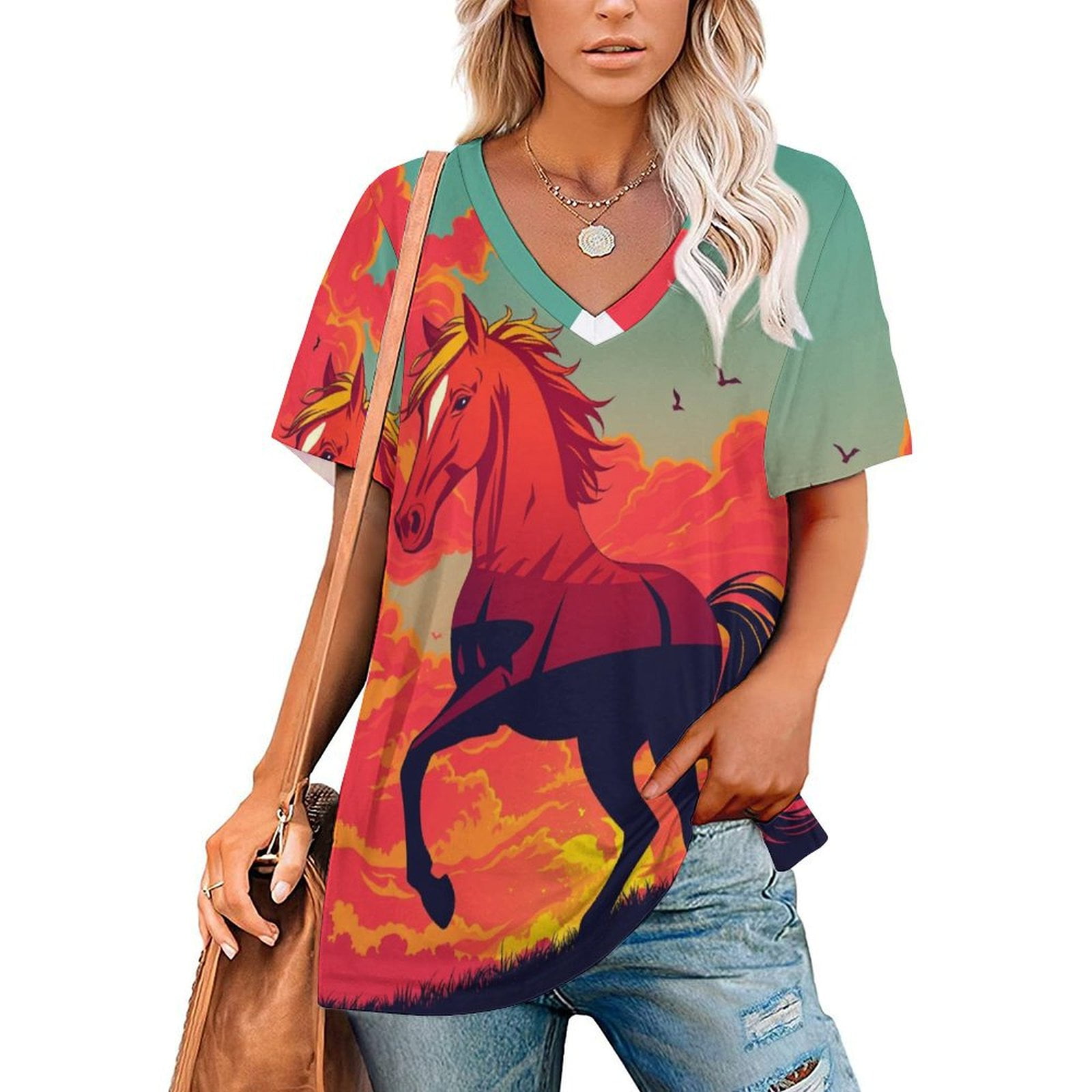 Sunset Horse Silhouette V Neck Fashion Oversize T-Shirt Short Sleeve Aesthetic Tee Shirt Tops ...