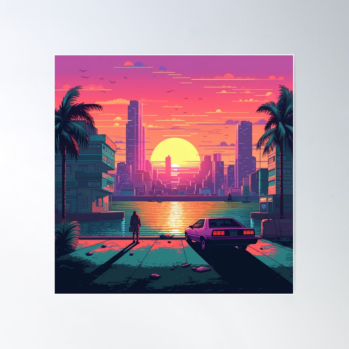 Sunset In Gta Vice City Pixel Art Style Poster Wall Art, Modern Wall ...