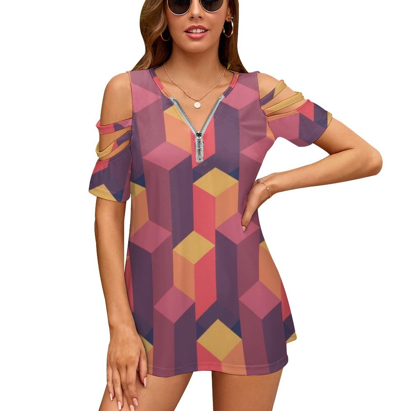 Sunset Isometric Slit Sleeve Cold Shoulder Print Women T Shirt Casual ...