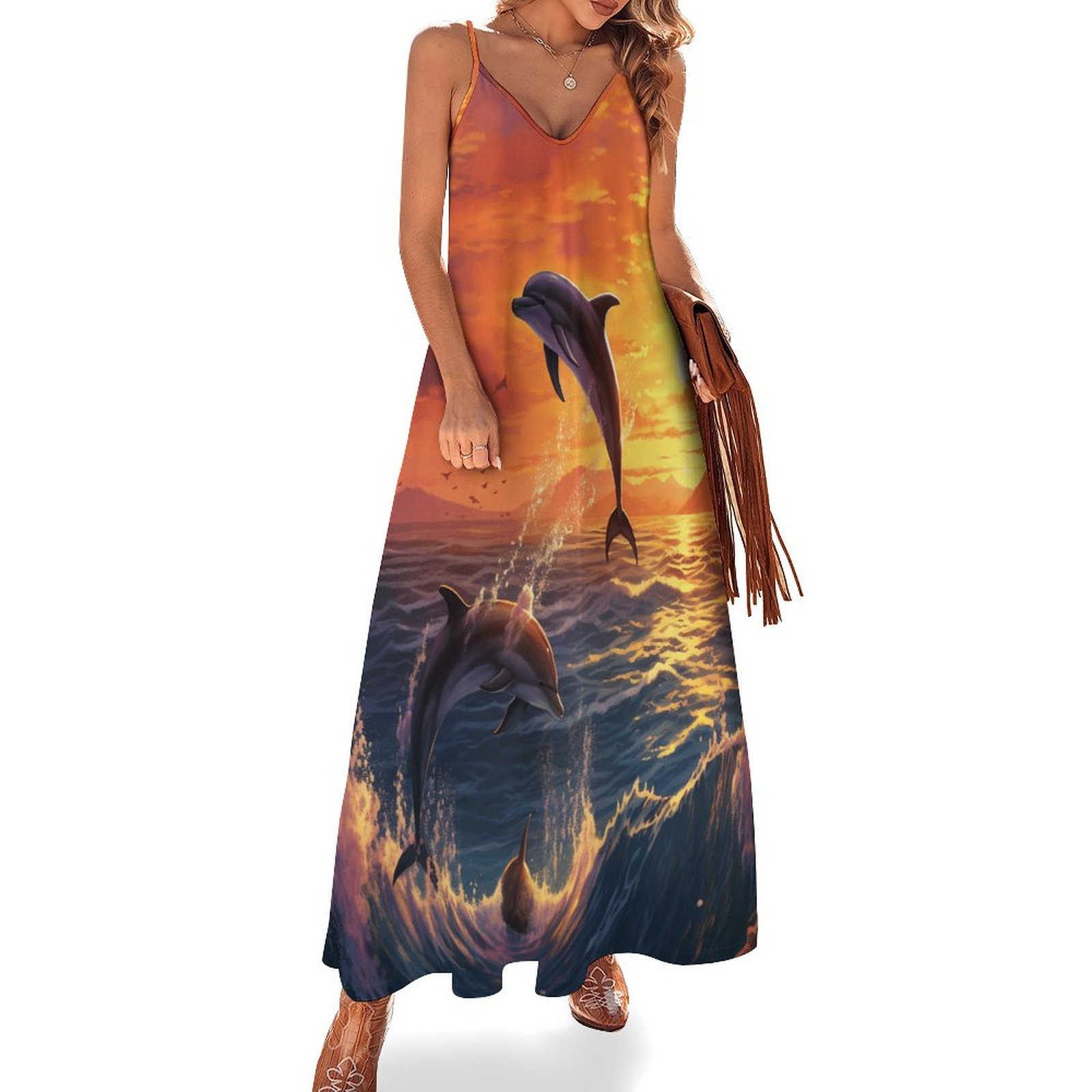 Sunset Jumping Dolphin Fine Art Sleeveless Dress Summer Dress Woman ...