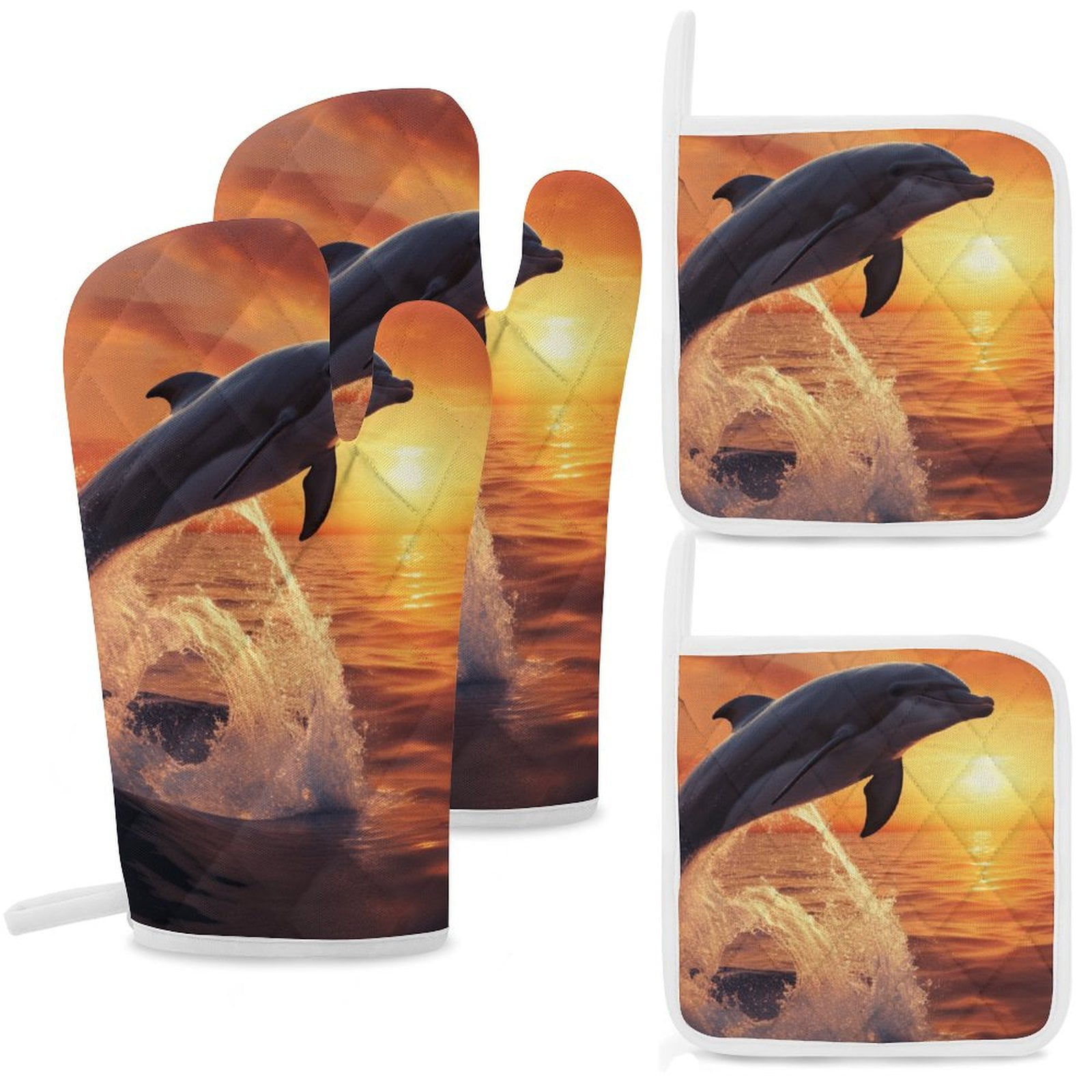 Sunset Jumping Dolphin Insulated Gloves And Pot Mats (four Piece Set ...