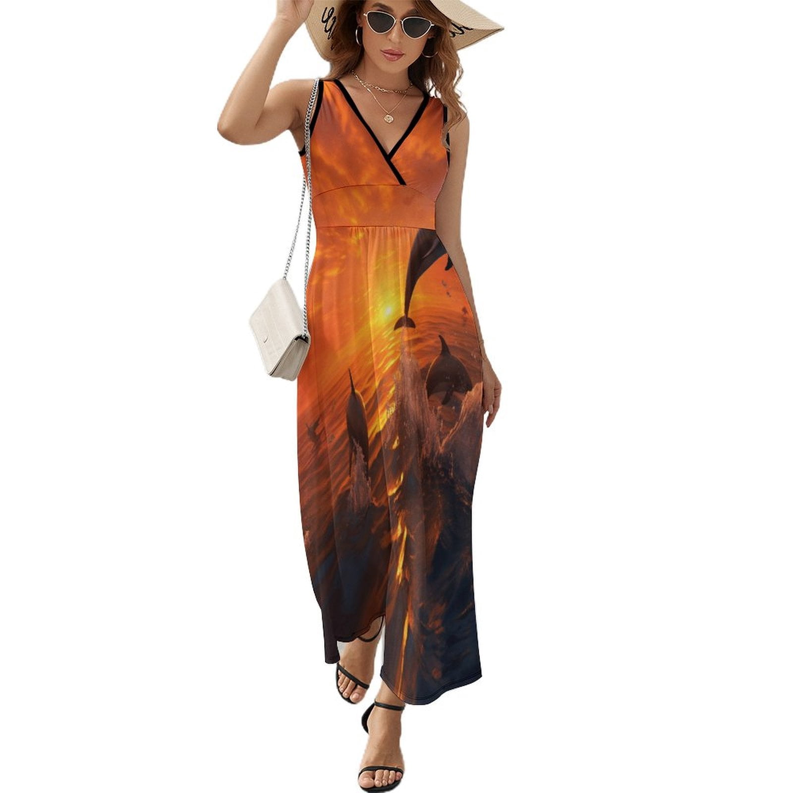 Sunset Jumping Dolphin Pattern Design Sleeveless Dress Summer Clothes ...