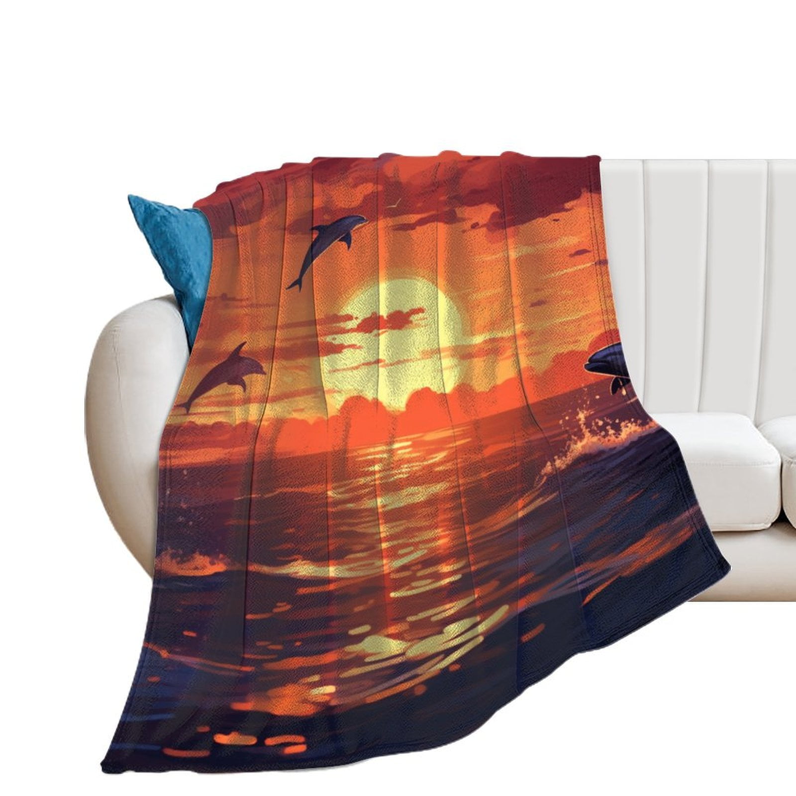 Sunset Jumping Dolphin for Women Men Kids Flannel Throw Blankets Soft ...