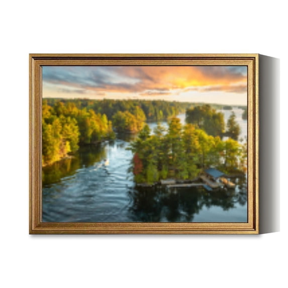 Sunset Lake Forest Cabin Vintage Gold Framed Wall Art Decor Retro ...