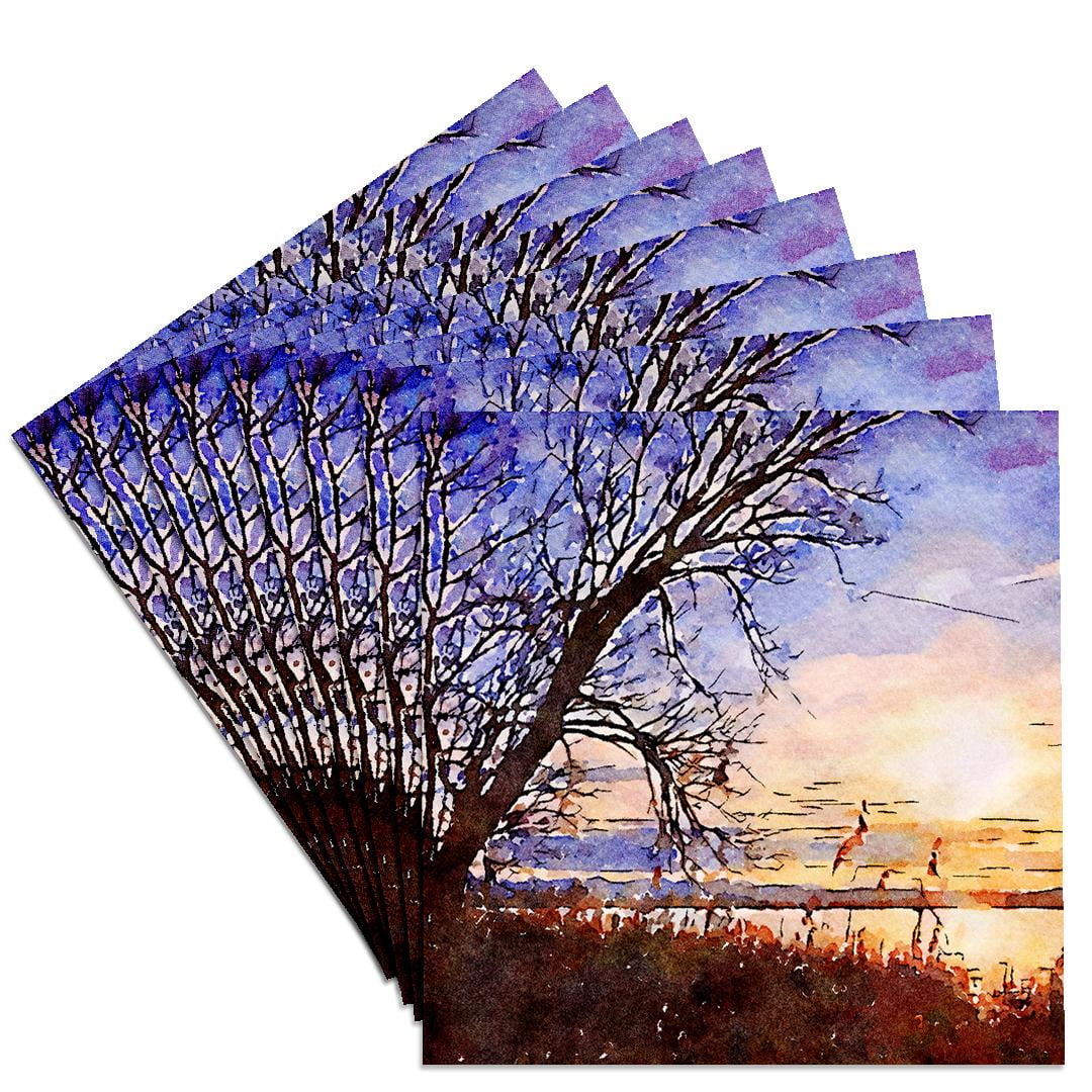 3drose, Sunset Lake with a Tree Image of Watercolor Painting, Set of 8 ...