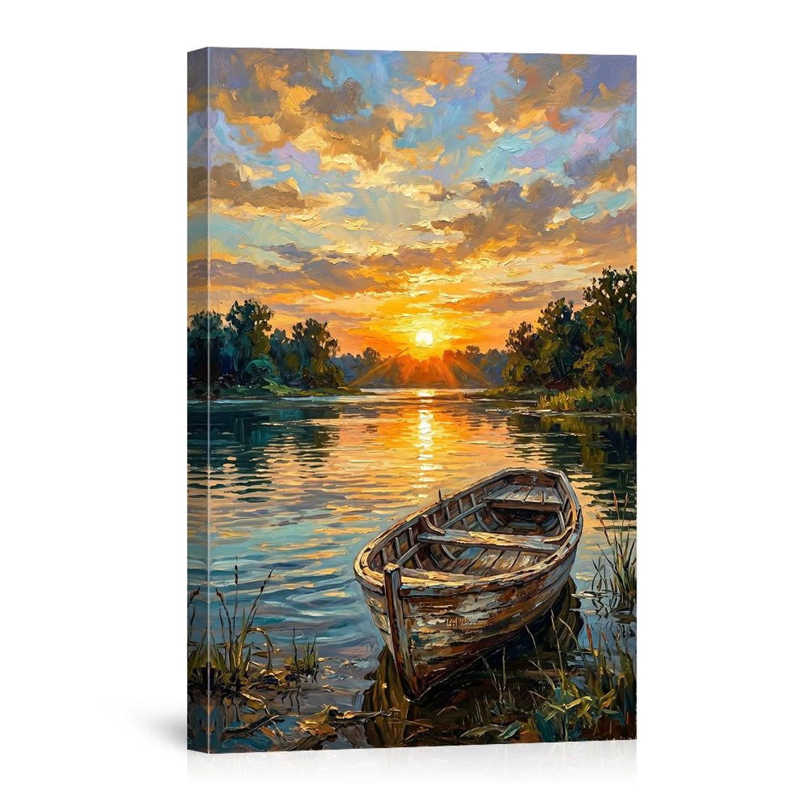 Sunset Lake With Old Wooden Boat Impressionist River Landscape For Home ...