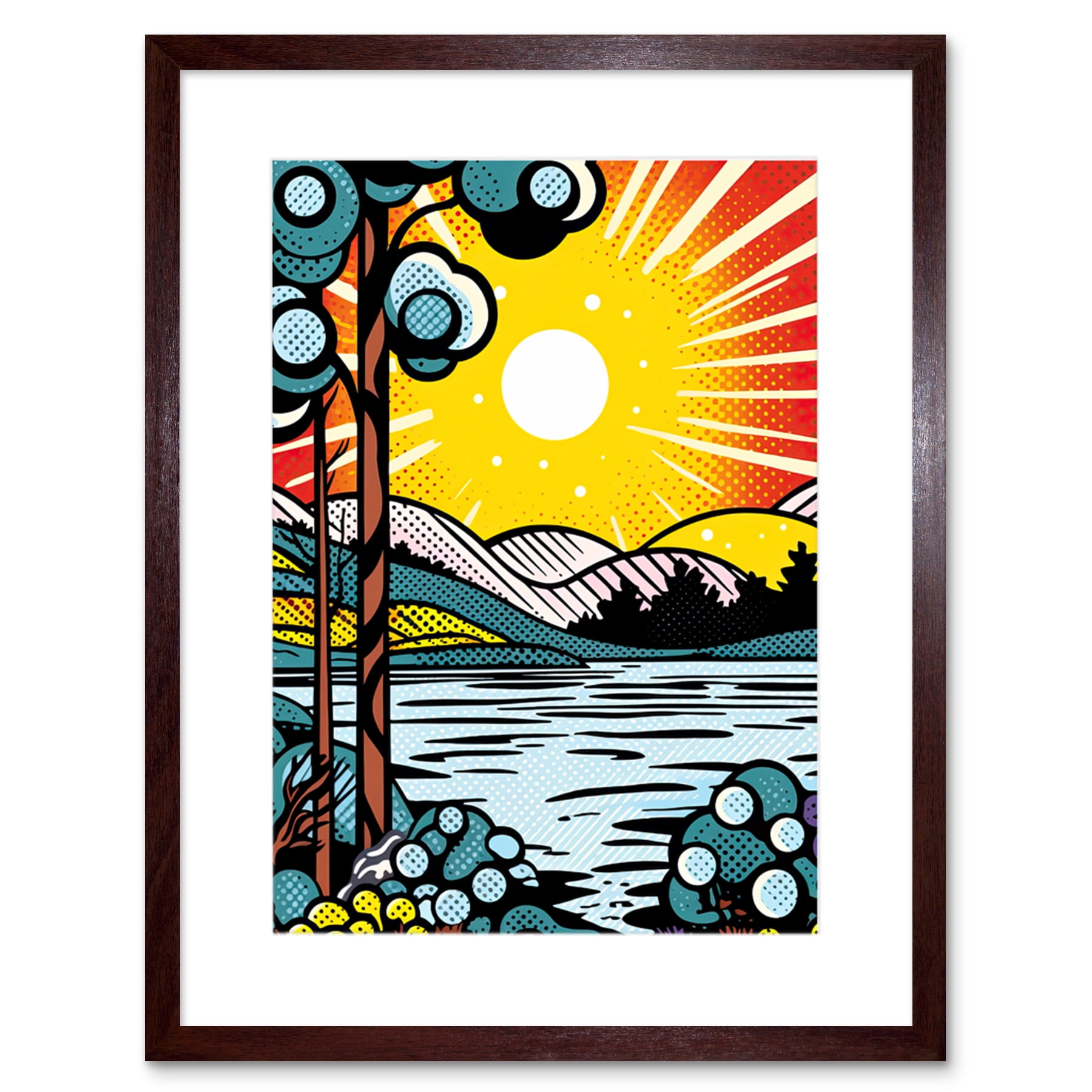 Sunset Lakeside Landscape Comic Book Style Bubble Patterns Halftone ...