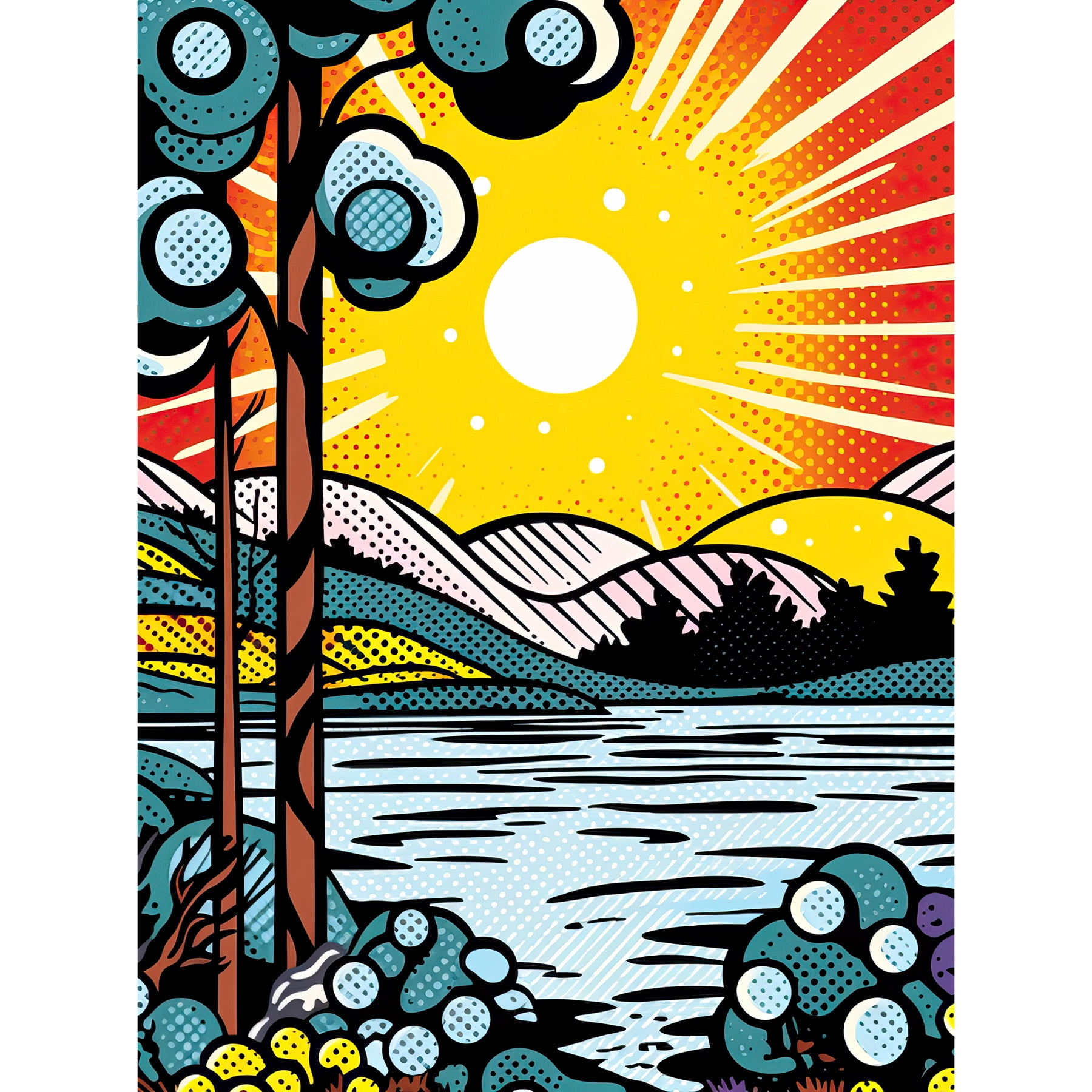 Sunset Lakeside Landscape Comic Book Style Bubble Patterns Halftone ...