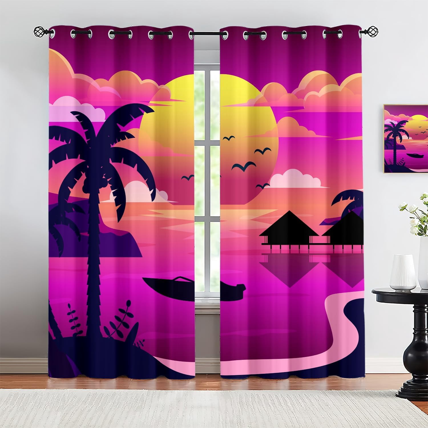 Sunset Landscape Blackout Window Treatments, Coconut Tree Eyelet Drapes ...