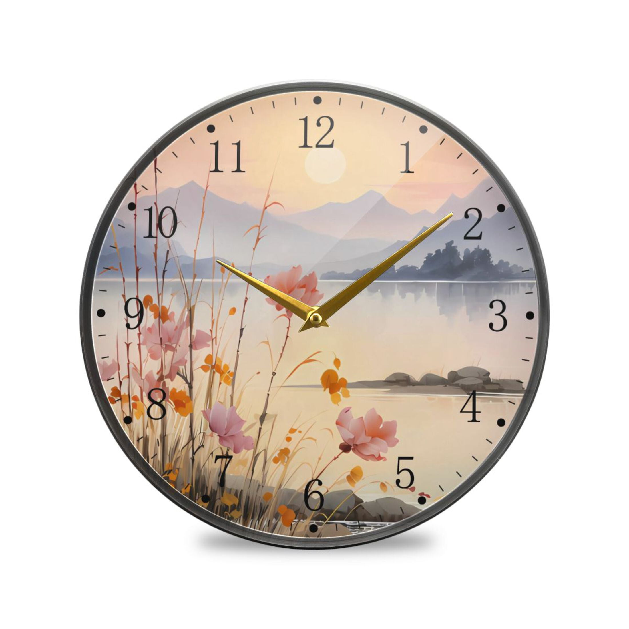 Sunset Landscape Flowers Acrylic Wall Clocks Quiet Round Clock Battery ...