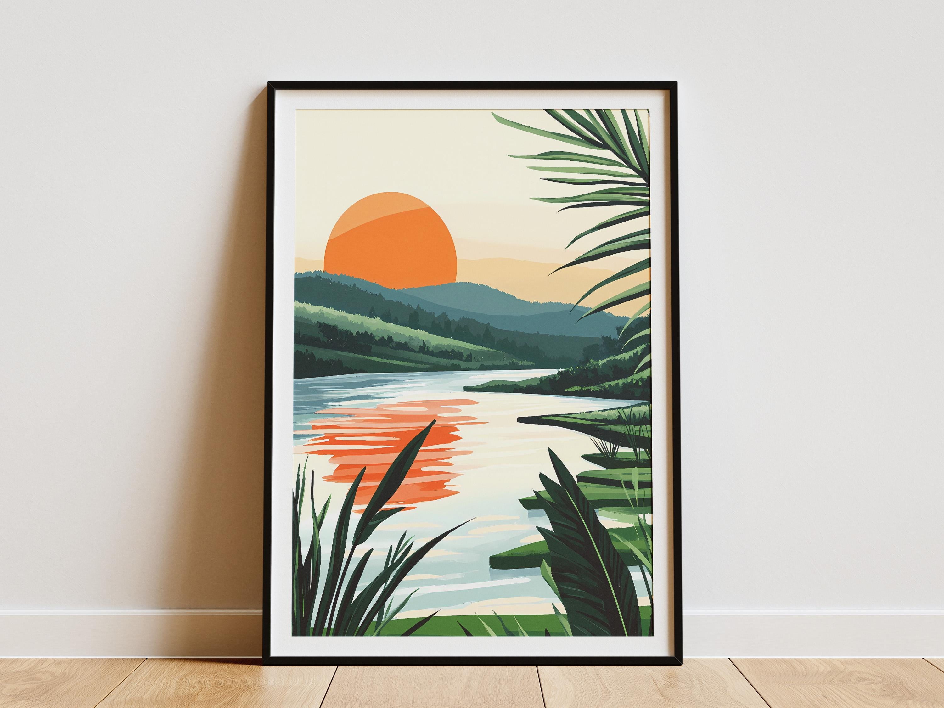 Sunset Landscape Poster Orange Sun River Tropical Plants Nature Wall ...