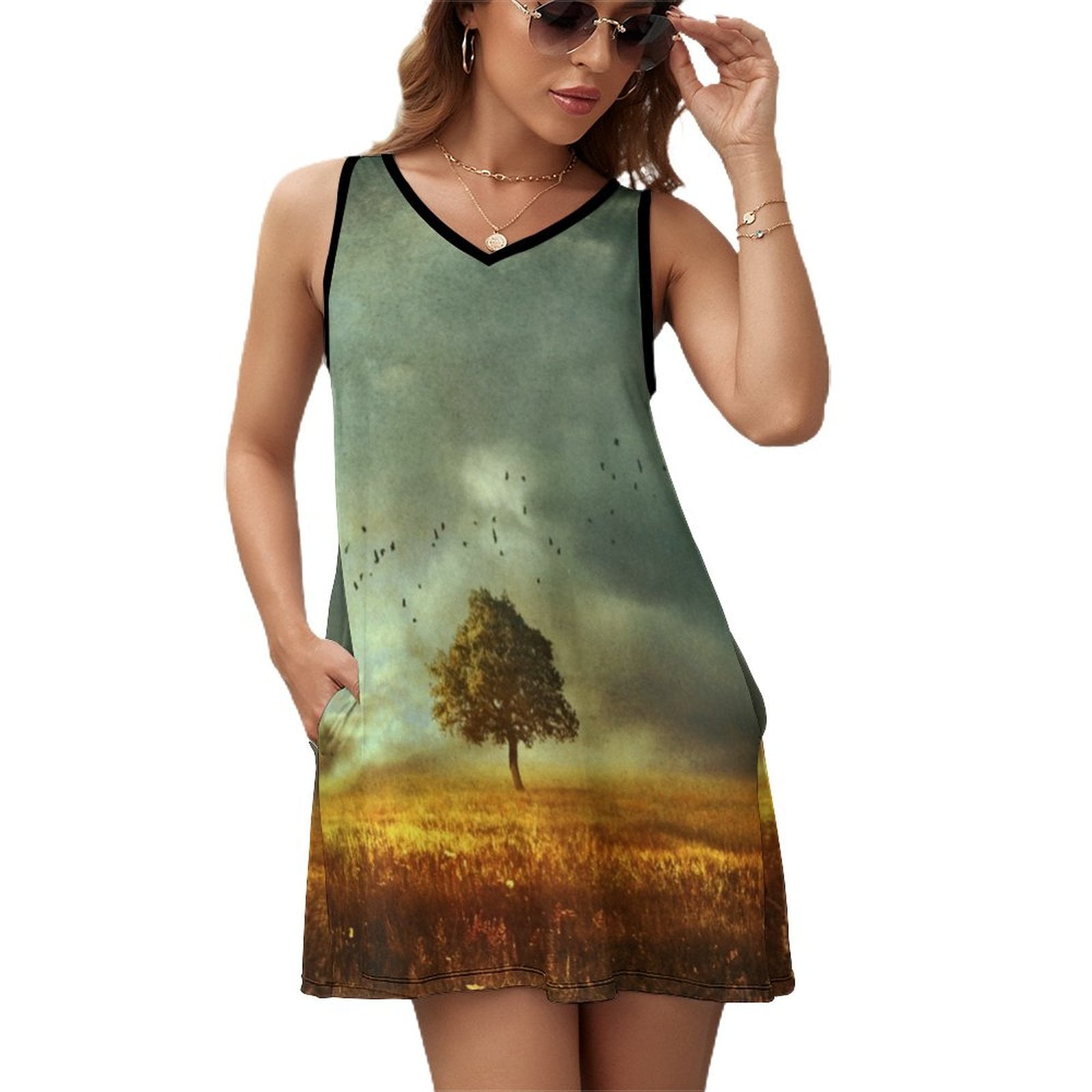 Sunset Landscape Sweet Elegant Dress Women Korean Kawaii Square Collar ...