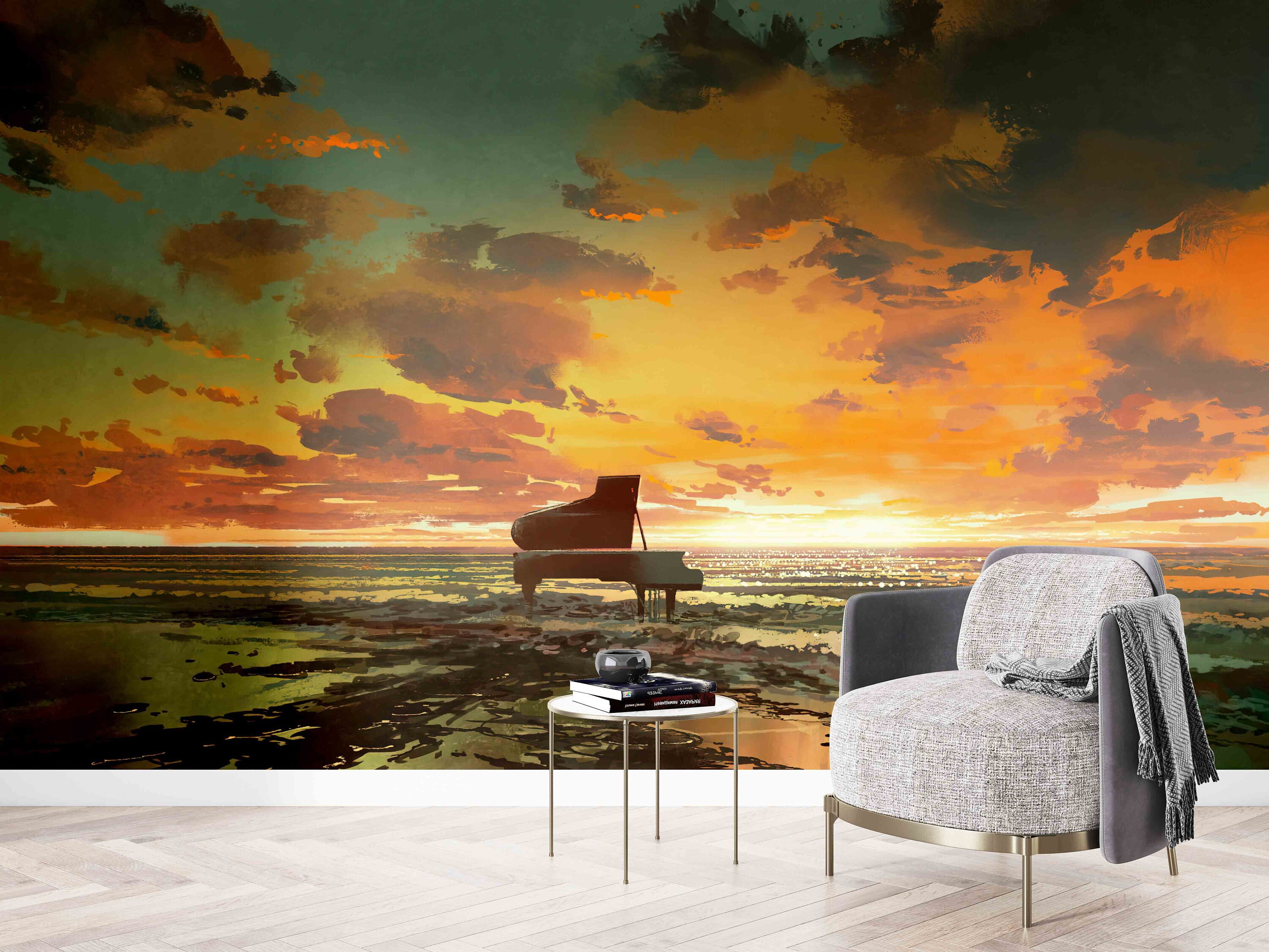 Sunset Landscape Wall Painting, Piano On The Beach, Modern Wallpaper ...