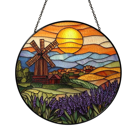 Sunset Landscape with Windmill and Larkspur Window Hanging, Rustic ...