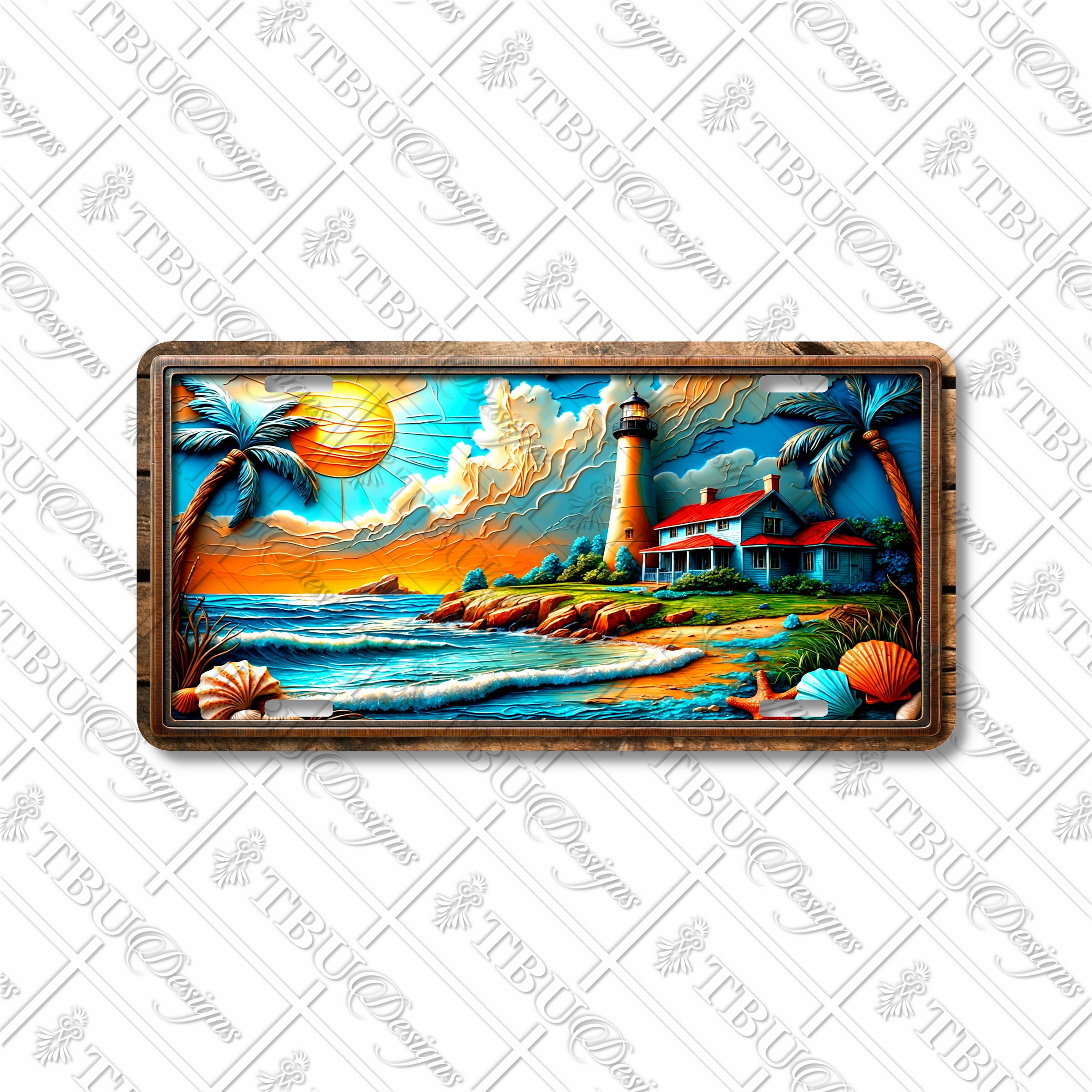 Sunset Lighthouse Aluminum License Plate with Coastal Scene, Palm Trees ...