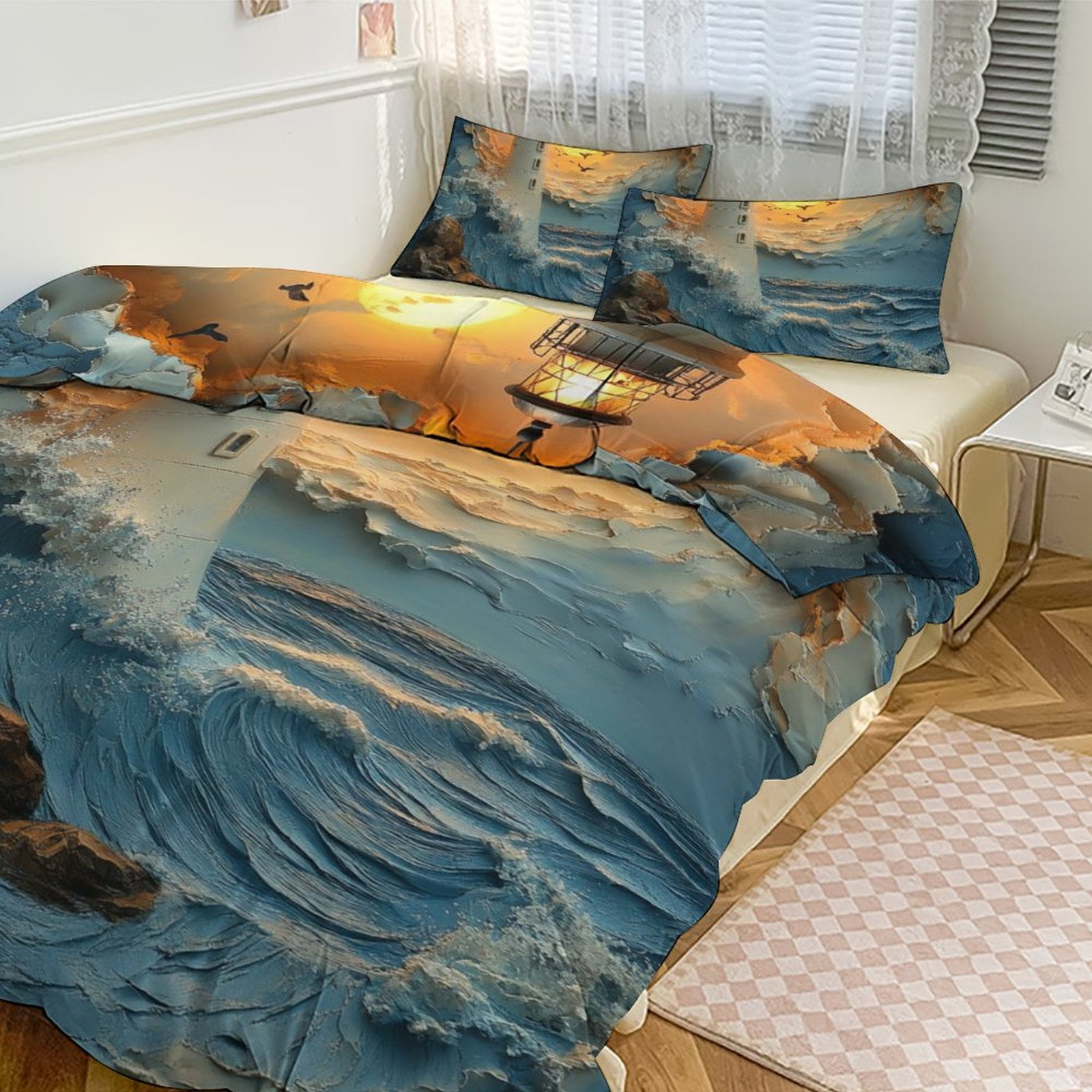 Sunset Lighthouse Bedding Sets Twin Duvet Cover 3 Piece Cute Bed Set for Boys Girls Kid ...