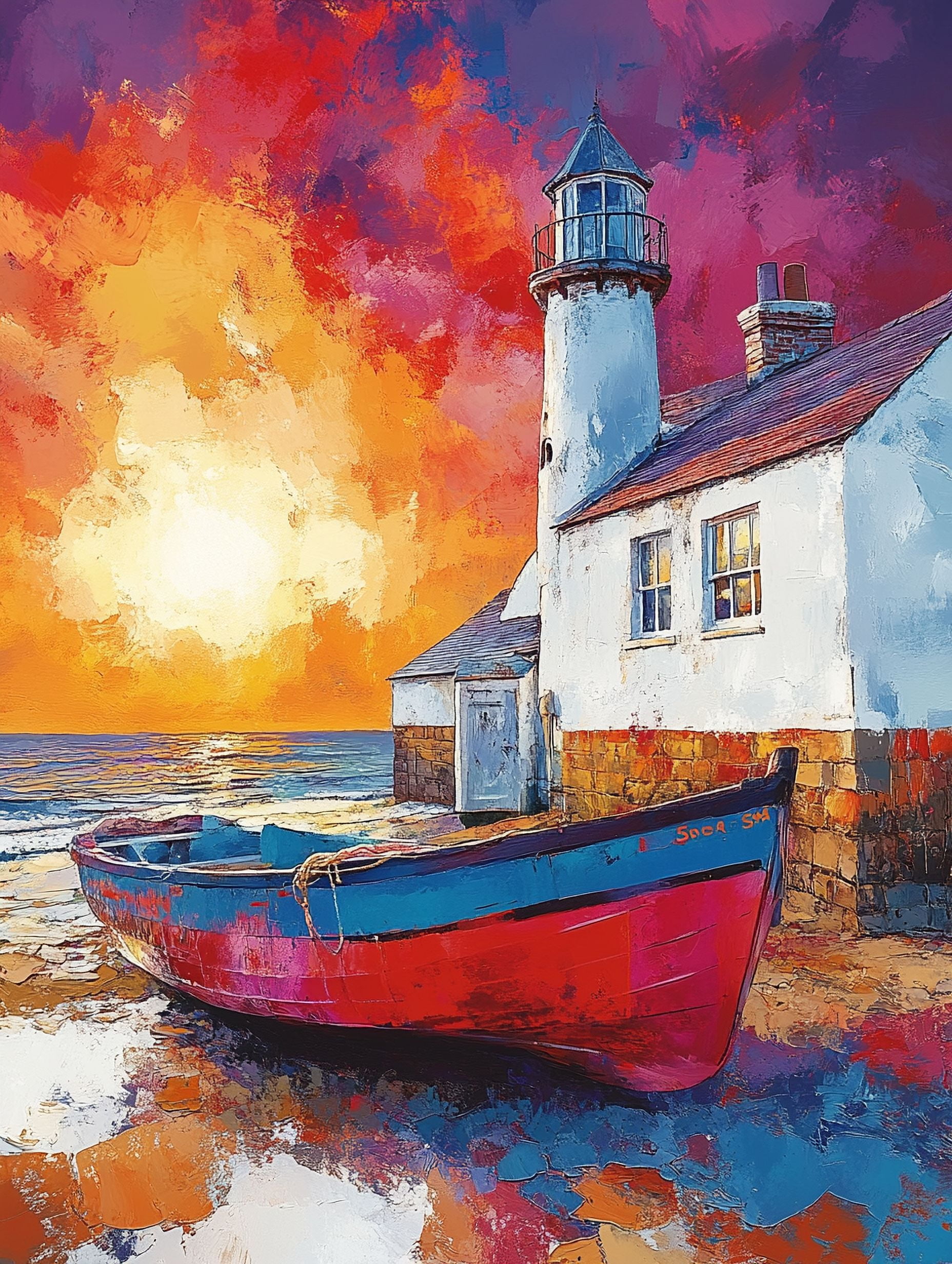 Sunset Lighthouse and Boat Canvas Painting， Suitable for Living Room， Bedroom， Office， Hallway ...