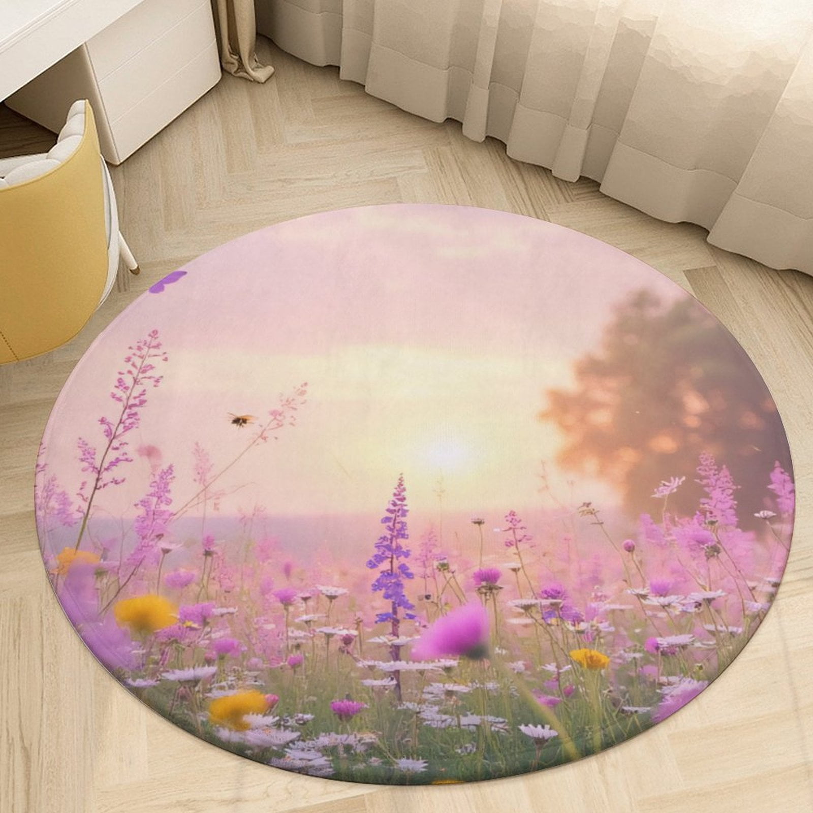 Sunset Meadow with Wildflowers Round Area Rugs for Bedroom Living Room, 6FT Soft Indoor Circle ...