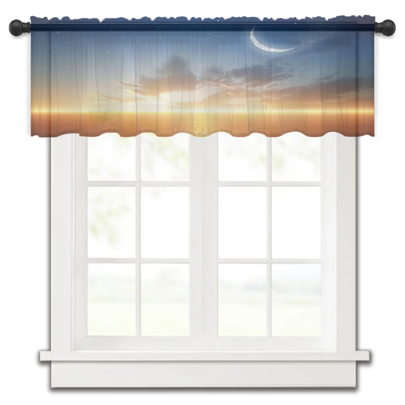Sunset Moon Stars Sky Horizon Kitchen Small Window Curtain Tulle Sheer ...