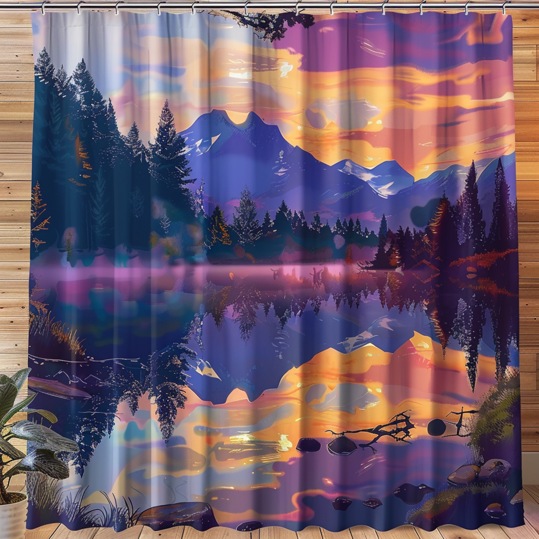 Sunset Mountain Lake Reflection Shower Curtain High Quality Nature ...