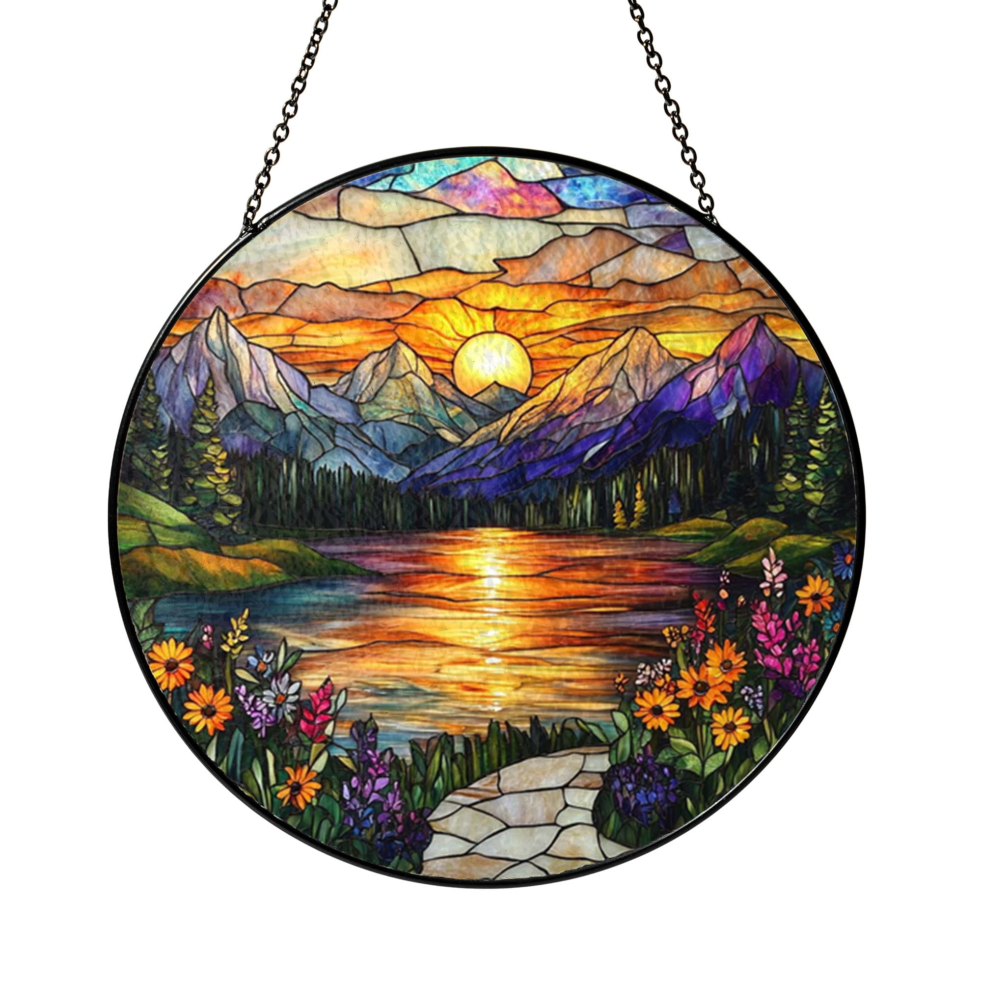 Sunset Mountain Path Suncatcher – Landscape Stained Glass Style Window ...