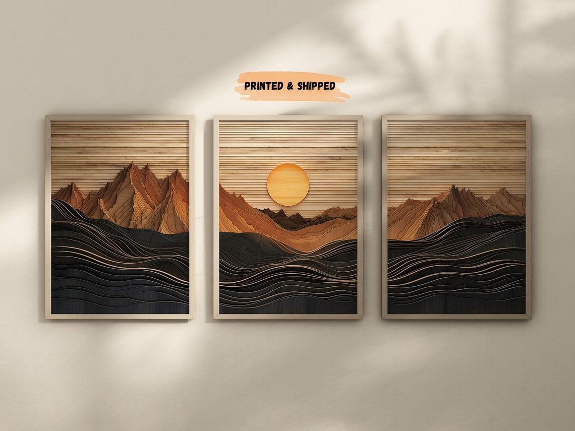 Sunset Mountain Wood Texture Wall Art Set 3 Stretched Canvas 8x12 ...