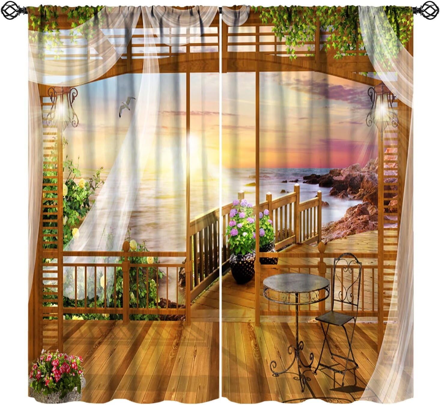Sunset Ocean Curtains, Ocean Scene Beach View Sea Wave Summer Tropical ...