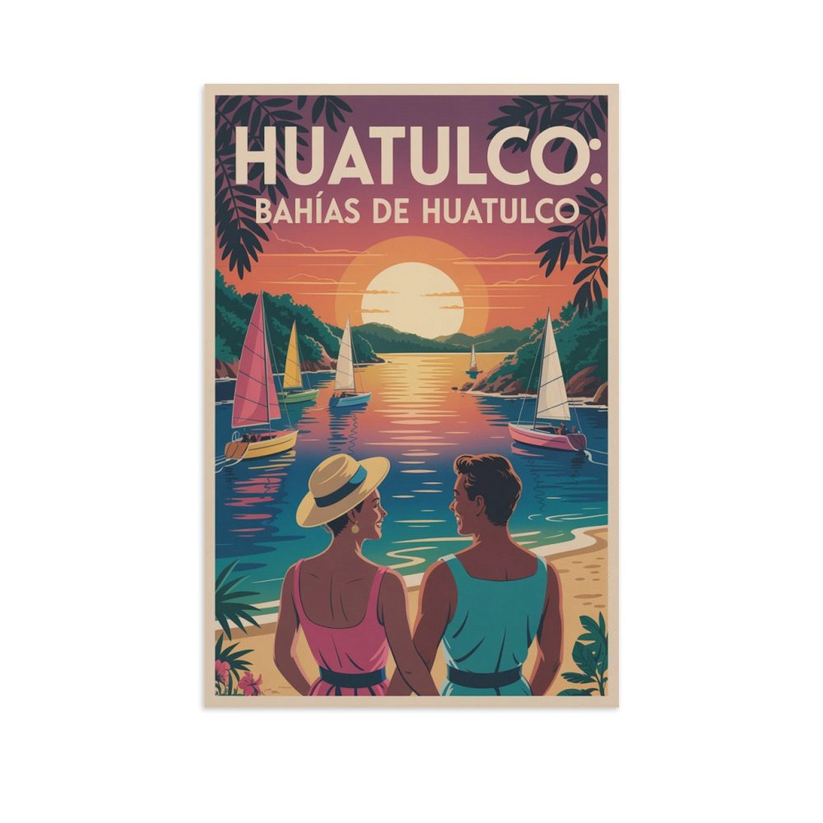 Sunset Ocean Poster Bahías De Huatulco Mexico Vintage Travel Wall Art ...
