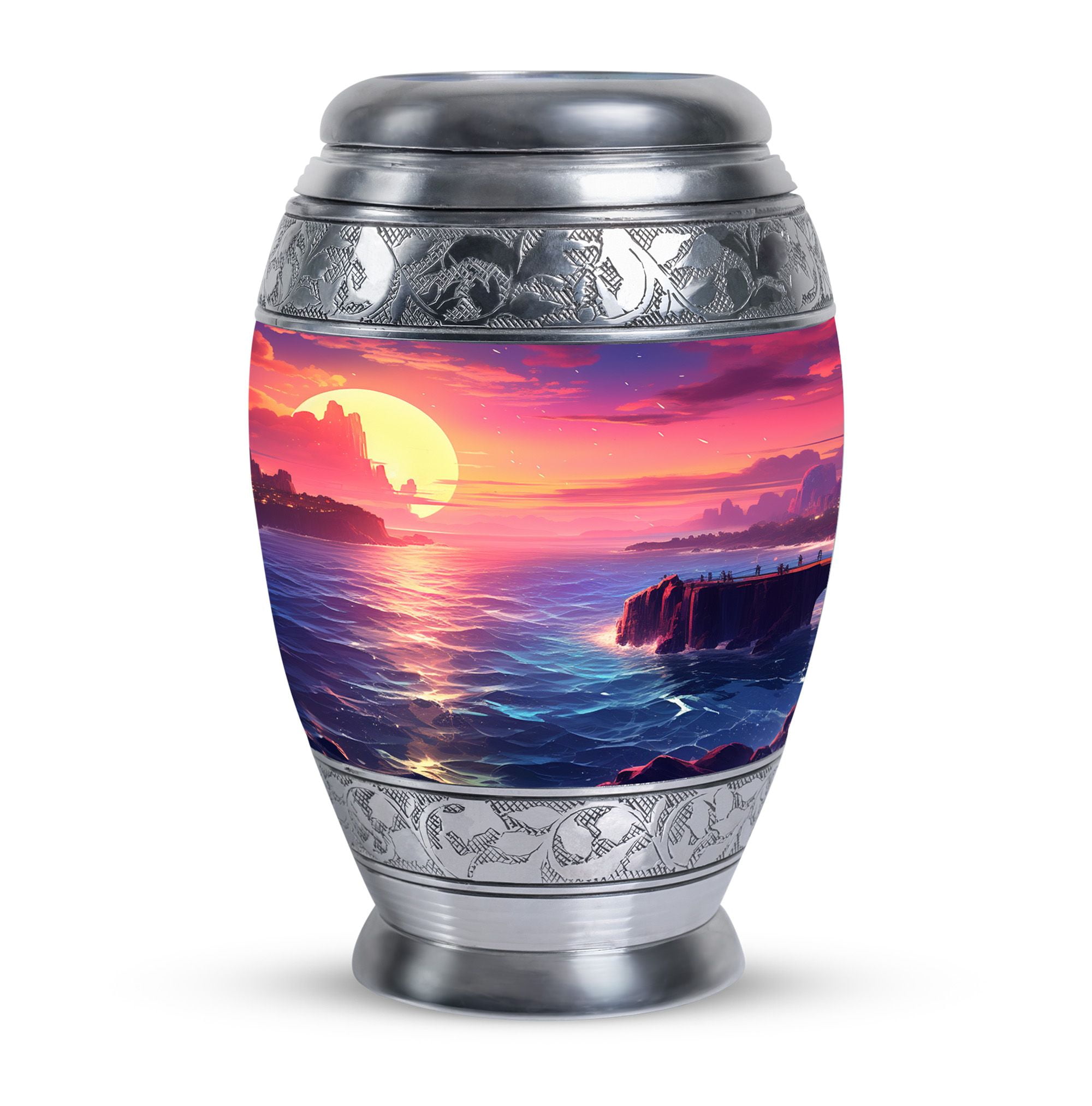Sunset Over Ocean With Rocks & Mountains Large Funeral Urn for Human ...