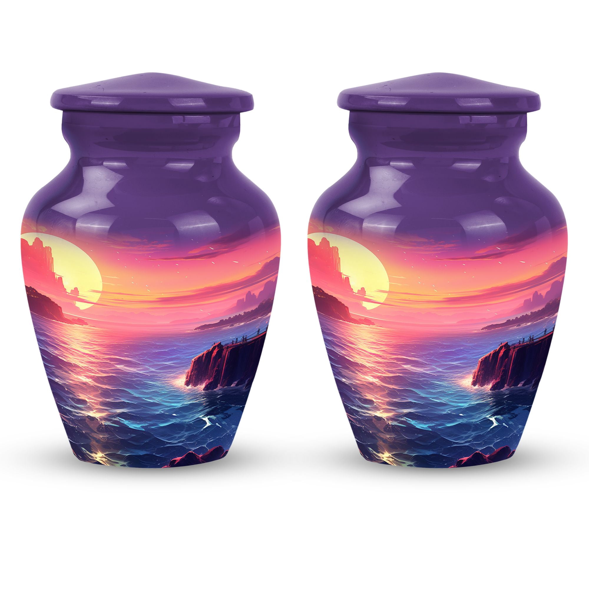 Sunset Over The Ocean With Rocks And Mountains - Metal Urn - Small ...