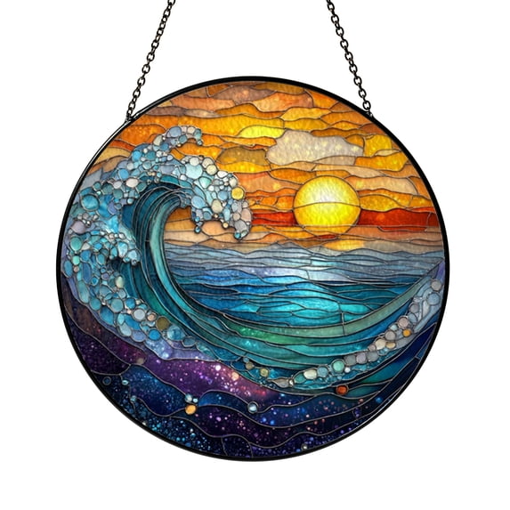 Sunset Ocean Wave Stained Glass Style Suncatcher, Decorative Window ...