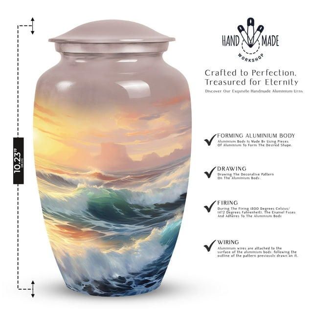 Sunset Over Ocean Waves - Large Urn - 10-Inch Cremation Urn For Adult ...