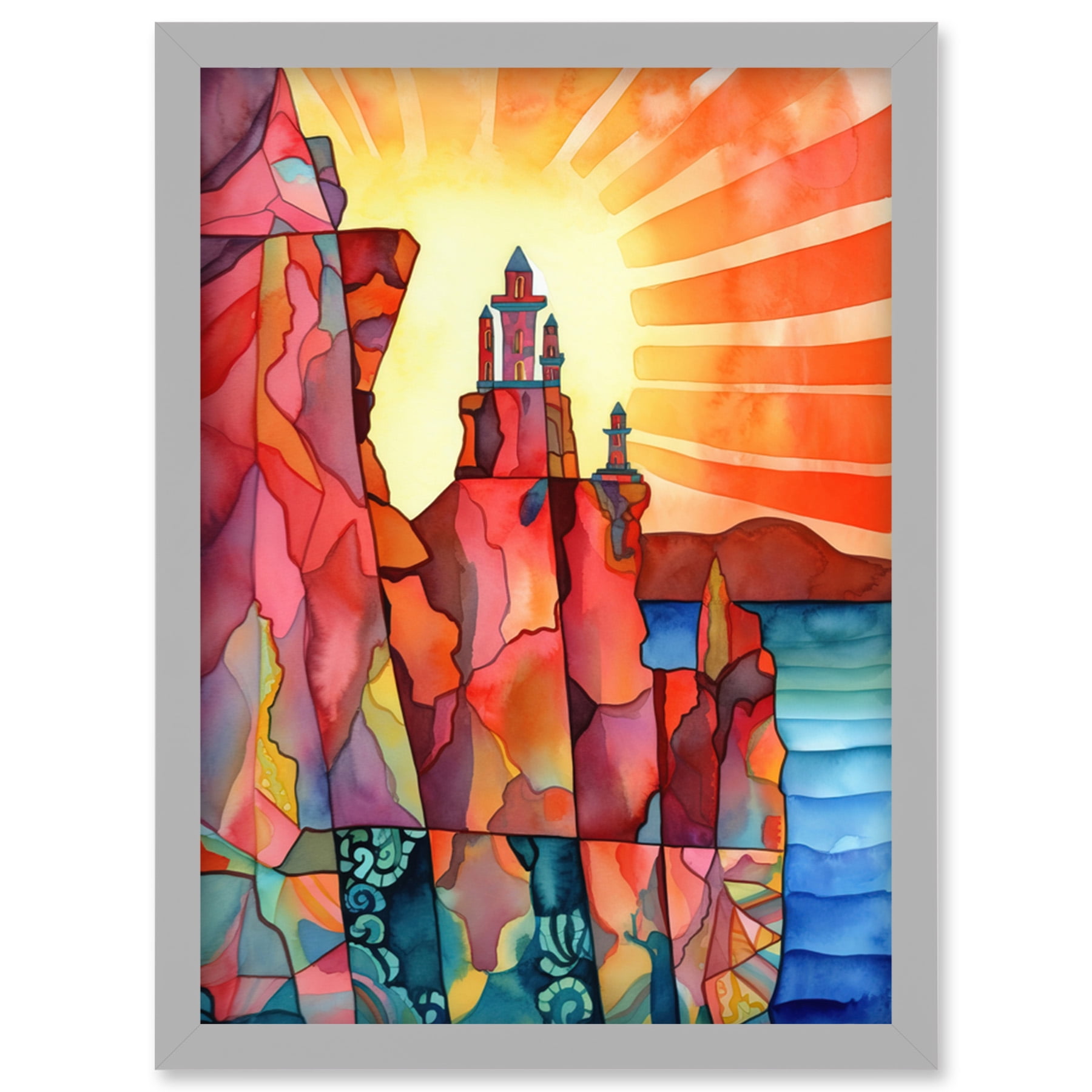 Sunset Over Temple On Cliffs Folk Art Artwork Framed Wall Art Print A4 ...