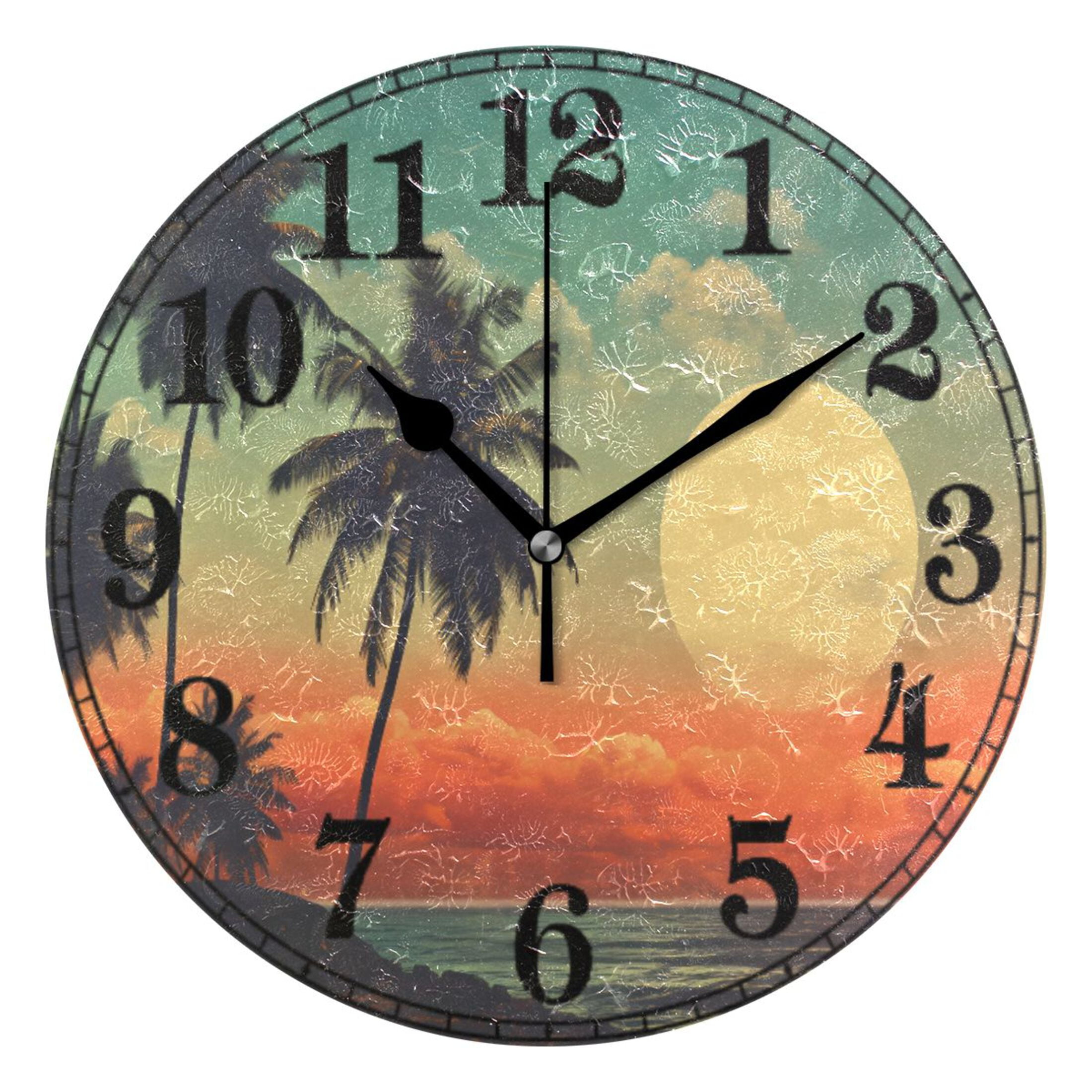 Sunset Palm Tree Beach 10" Silent Wall Clock Non-Ticking Battery Clocks - Walmart.com