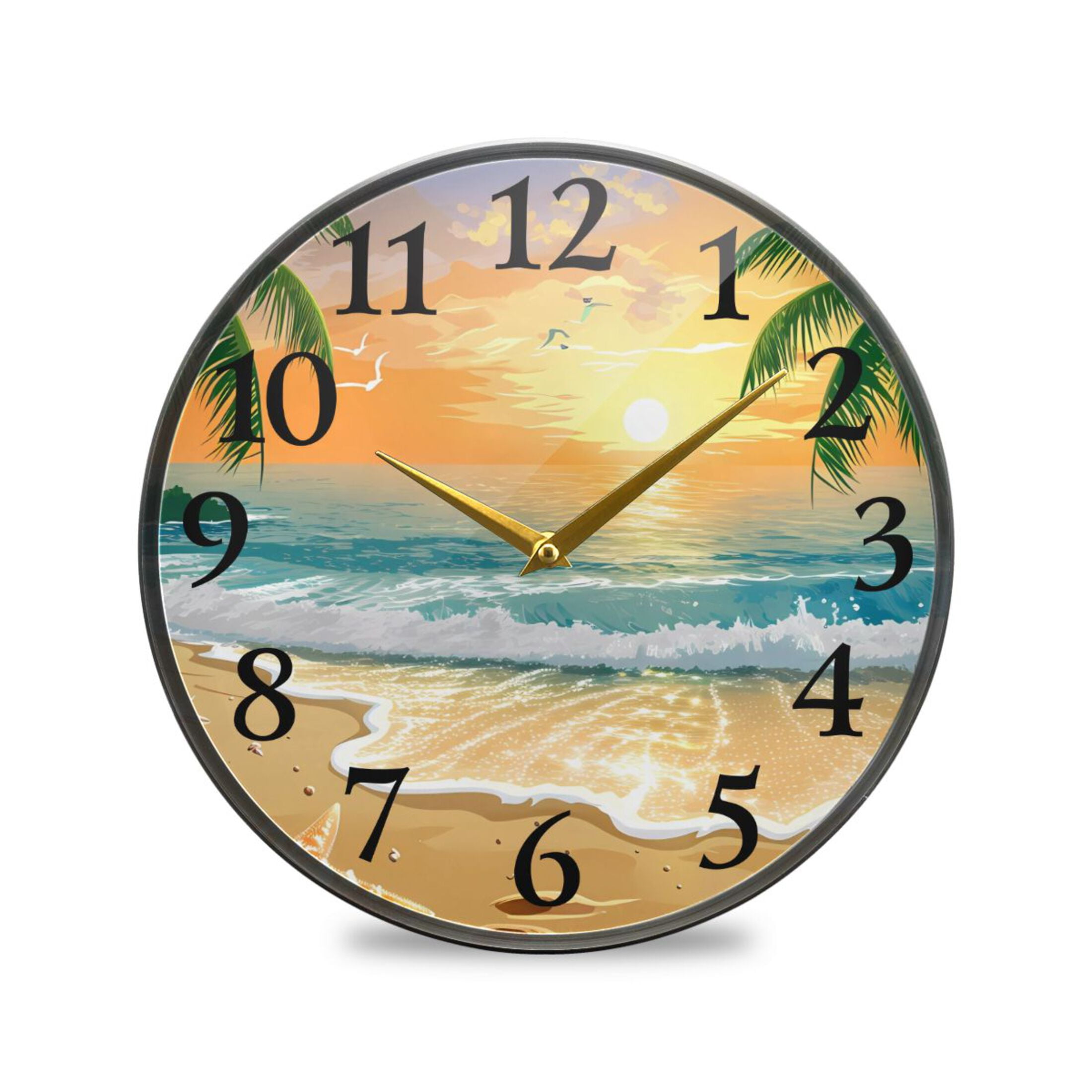 Sunset Palm Tree and Beach Wall Clocks Battery Operated 11.9 Inch Round ...