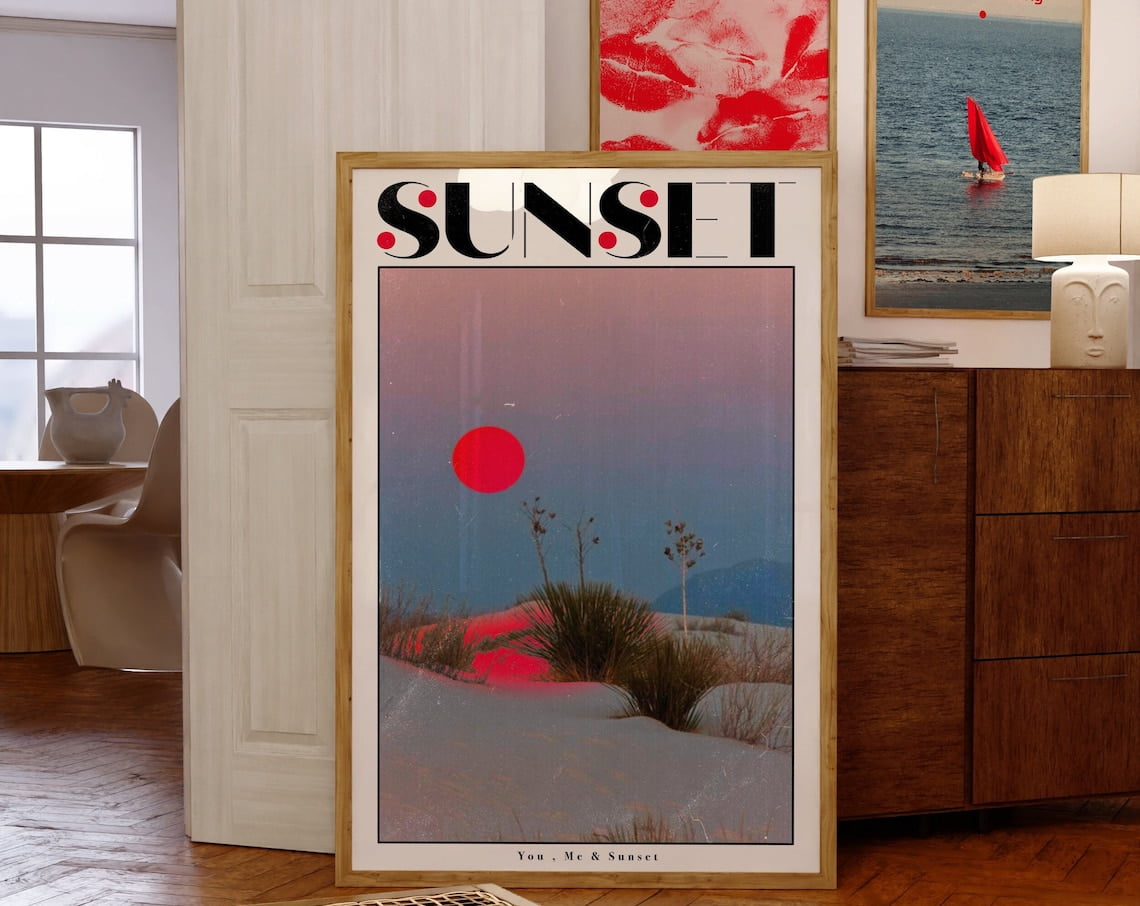 Sunset Poster, 70S Retro Print, Red Wall Art, Beach Poster, Summer ...