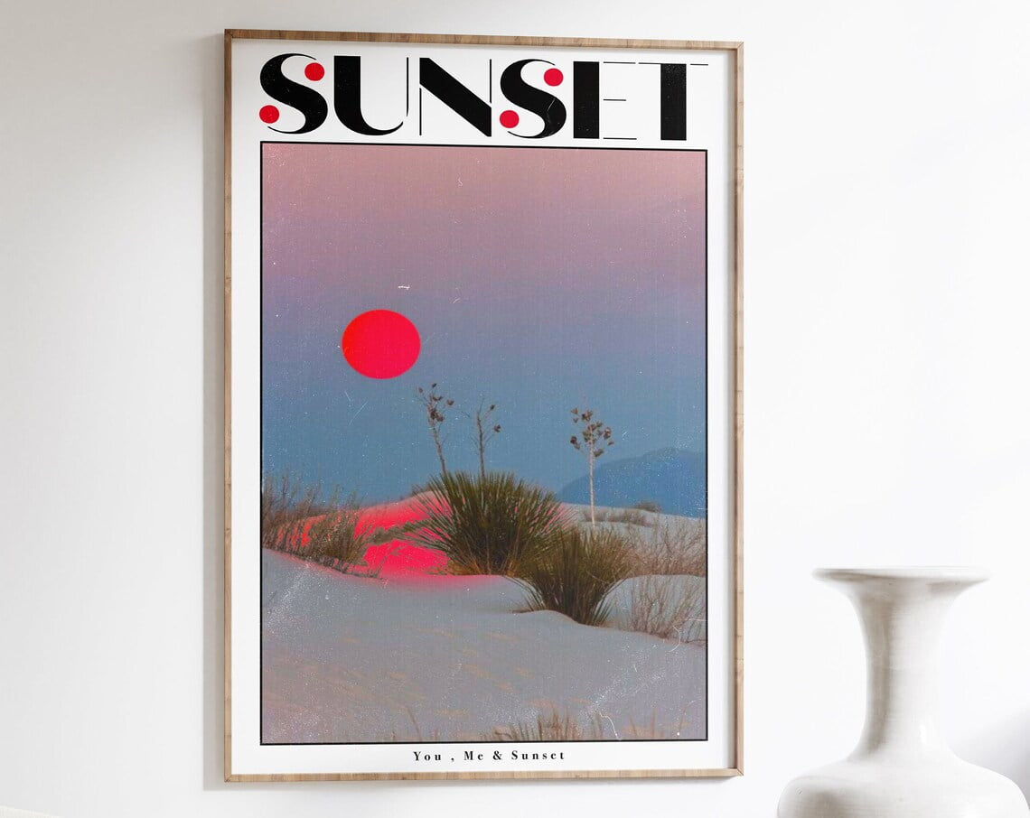 Sunset Poster, 70S Retro Print, Red Wall Art, Beach Poster, Summer ...