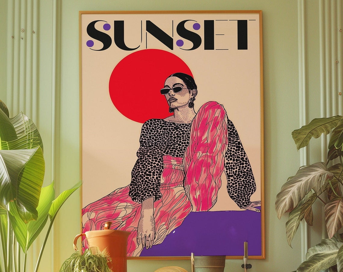 Sunset Poster, Retro Print, Red Wall Art, Dopamine Decor, Psychedelic ...