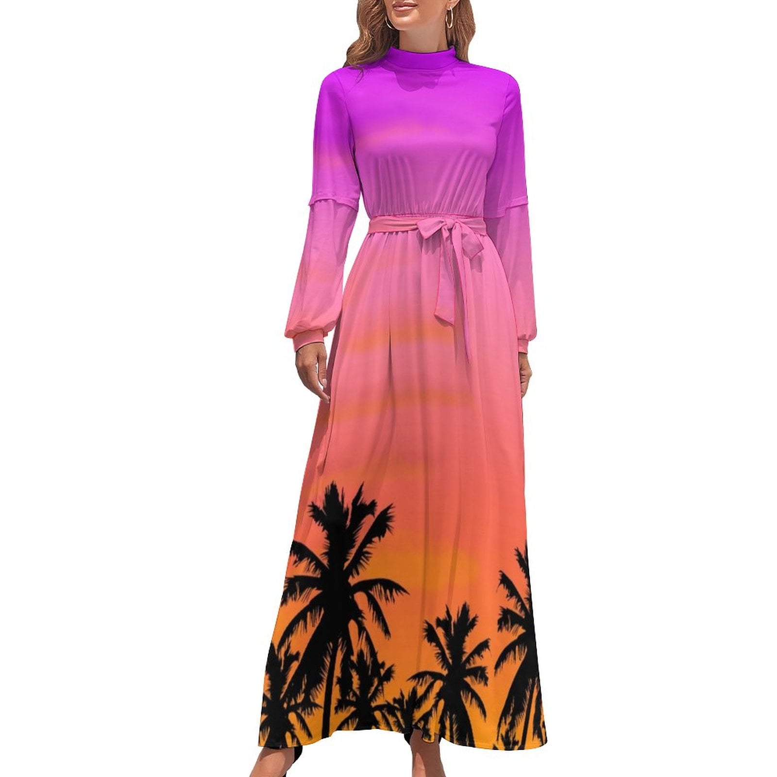 Sunset Print Dress Sea Waves Elegant Pattern Maxi Dress High Waist Long ...