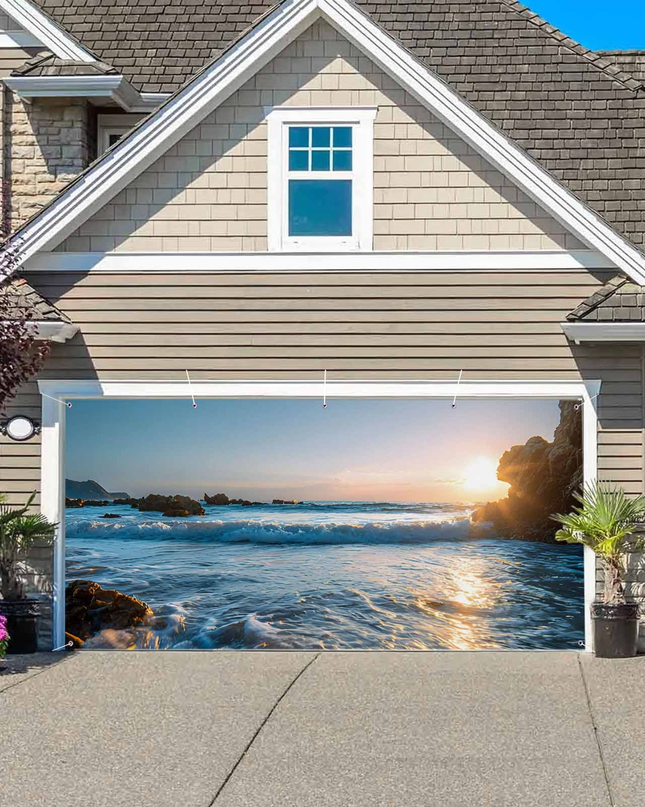 Sunset Reef Garage Door Banner Covers, Seaside Reef Ocean Waves Shiny ...
