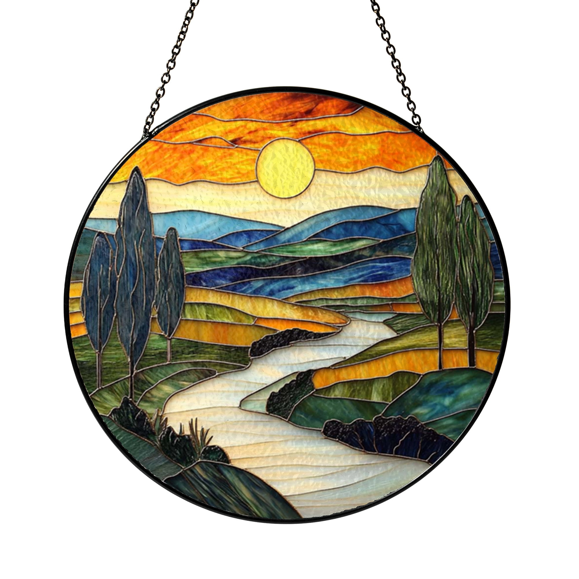 Sunset River Mountain Stained Glass – Landscape Window Hanging Art2401 ...