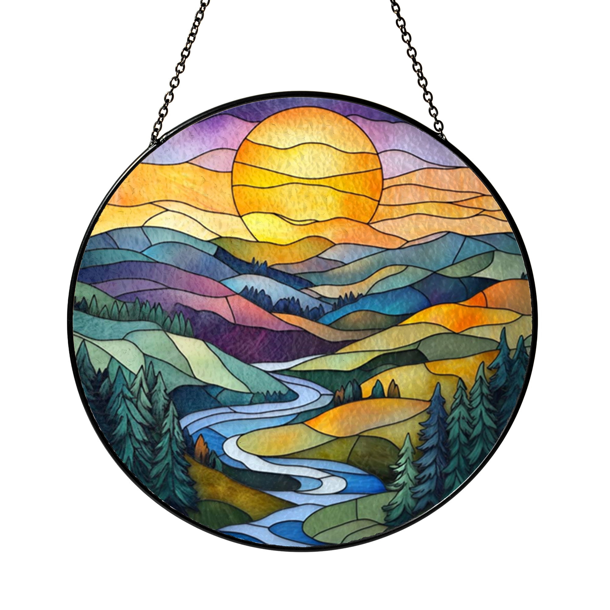 Sunset River Mountain Stained Glass Window Suncatcher Nature Decor ...
