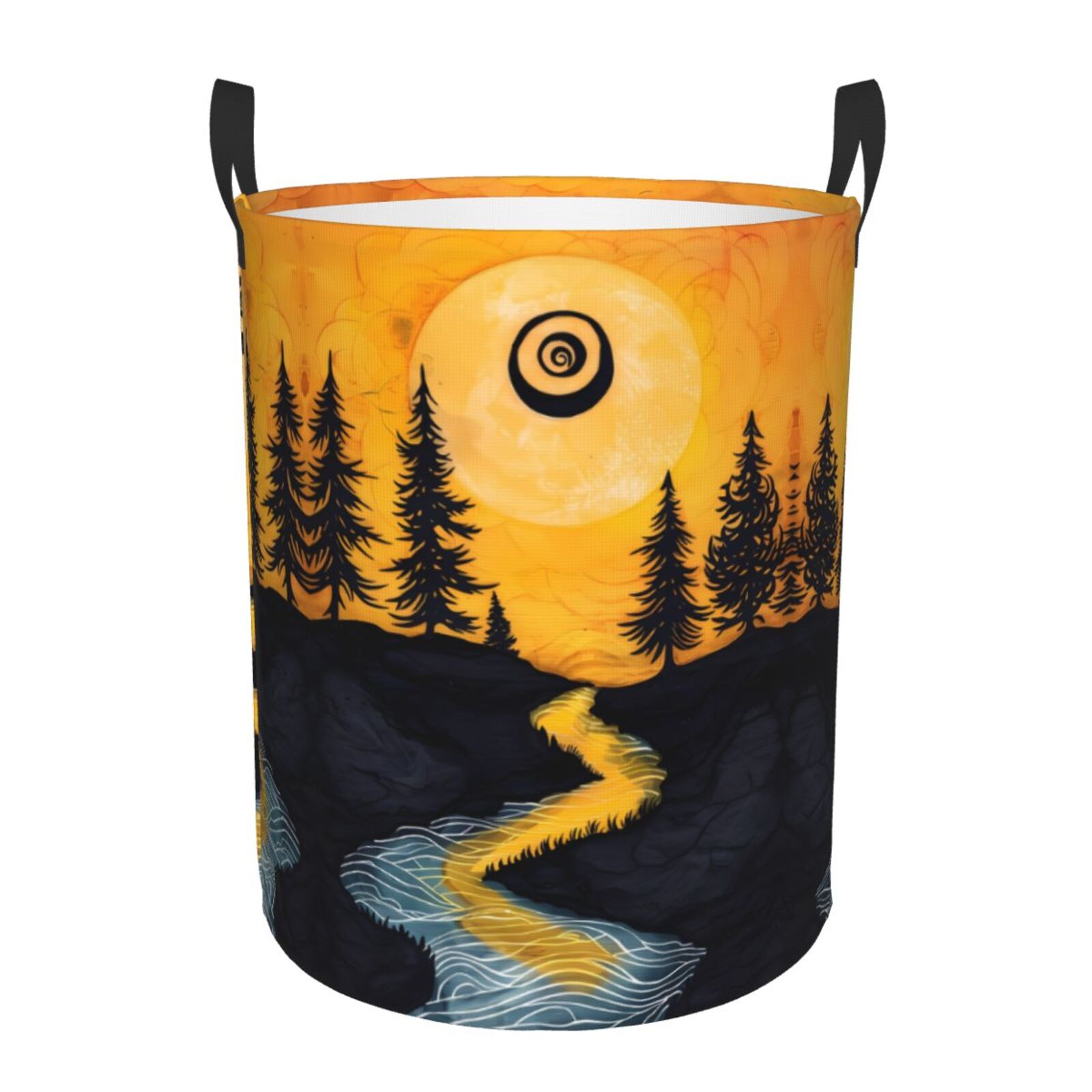 Sunset River Pine Trees Laundry Basket with Handles - Freestanding ...
