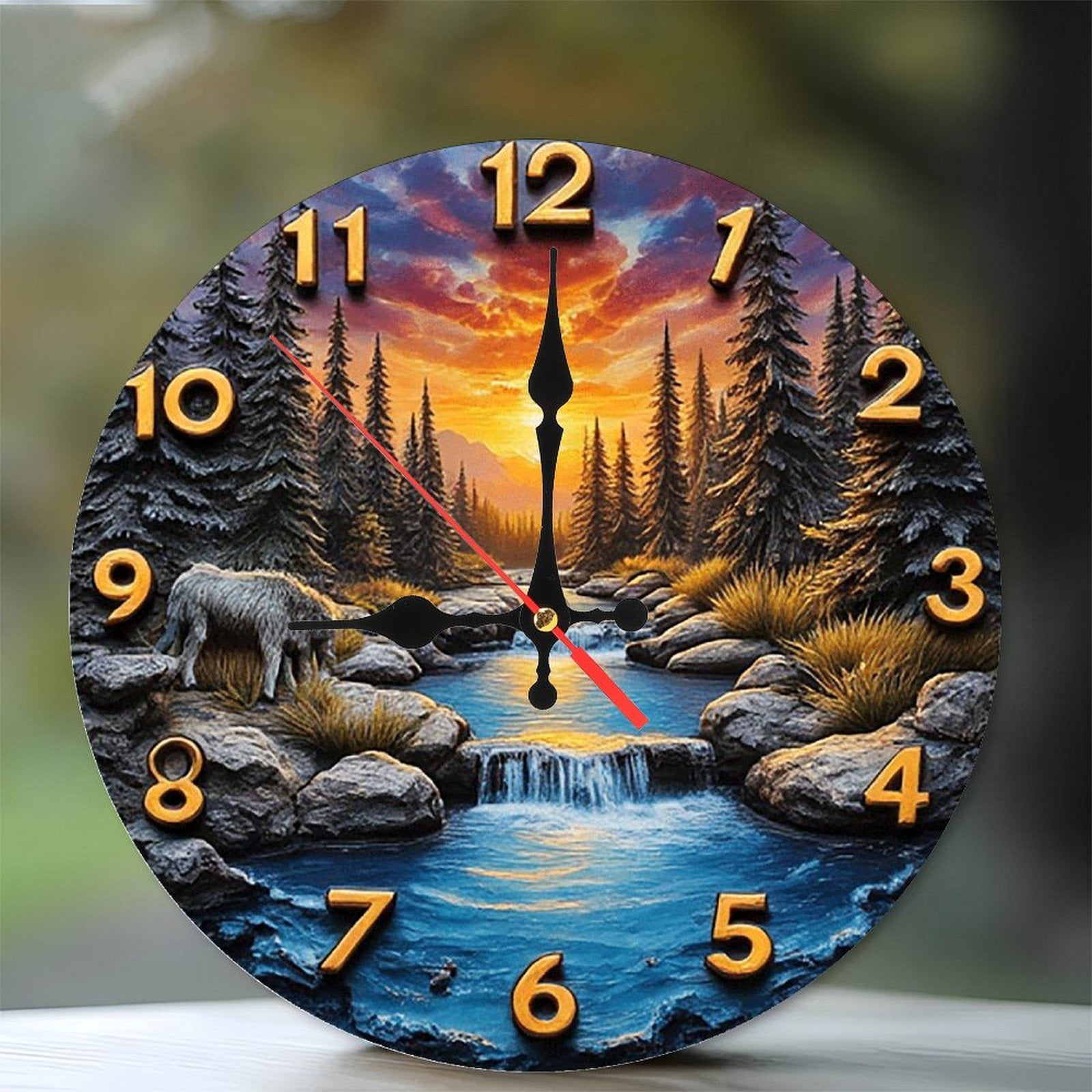 Sunset River Waterfall Wall Clock 10-Inch Silent Wooden Wall Clock ...