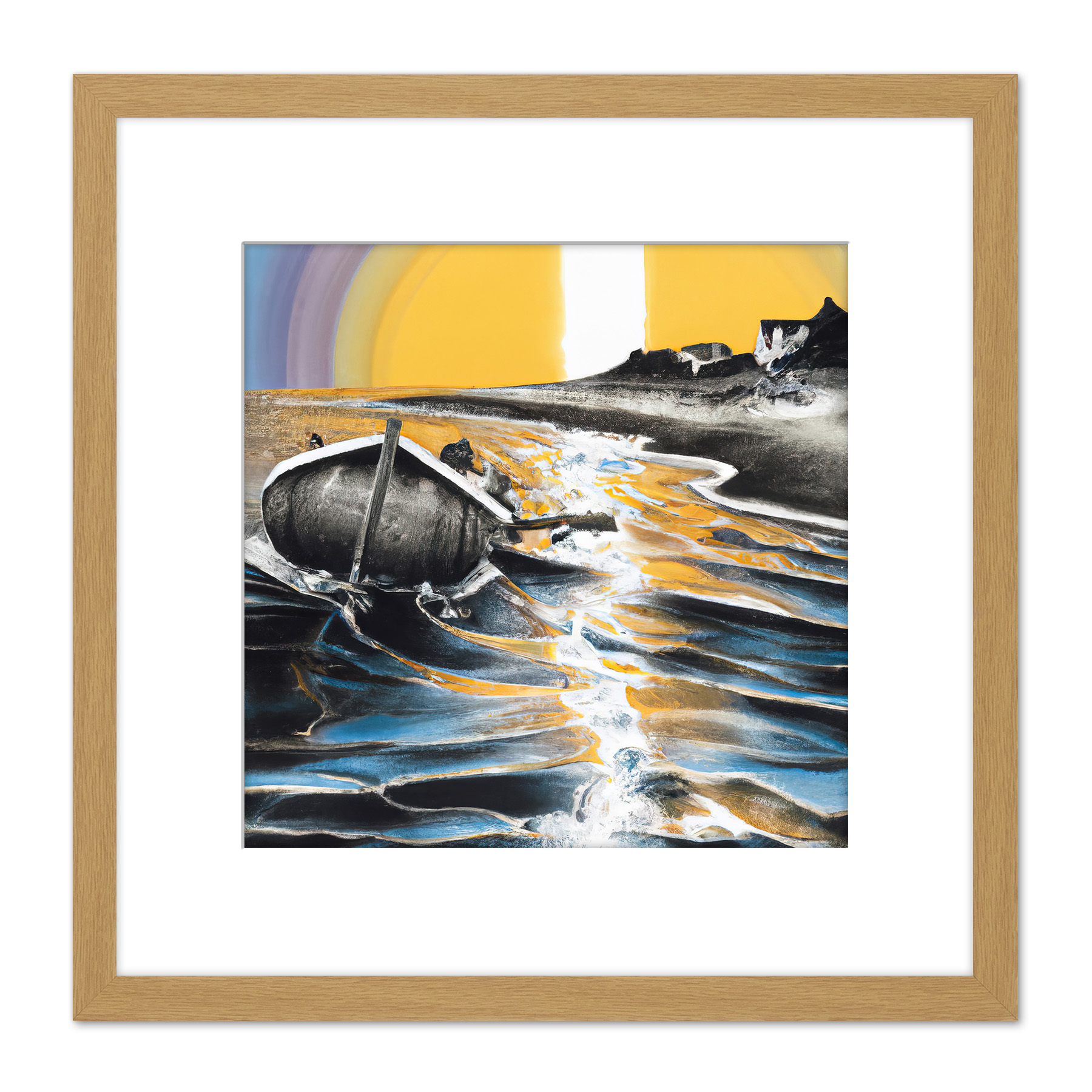 Sunset Row Boat Shoreline Ocean Waves Oil Painting Square Wooden Framed ...